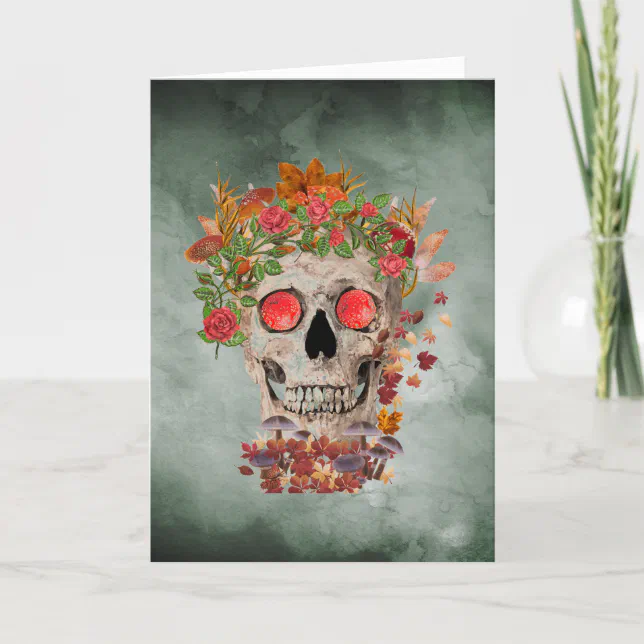 Autumn Skull on Green Background Halloween Card | Zazzle
