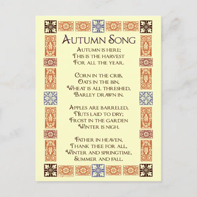 Autumn Song Thanksgiving Poem Postcard | Zazzle