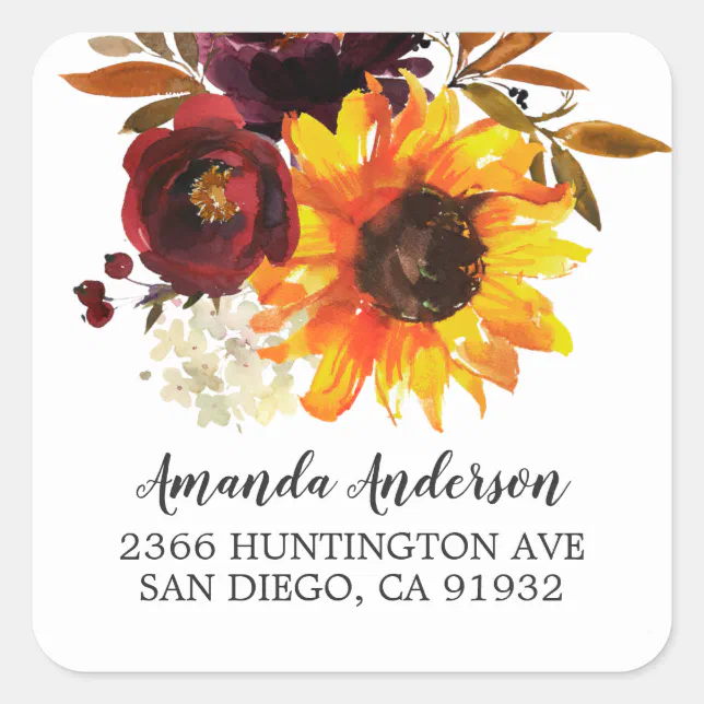 Autumn Sunflower Bouquet Floral Return Address Square Sticker | Zazzle
