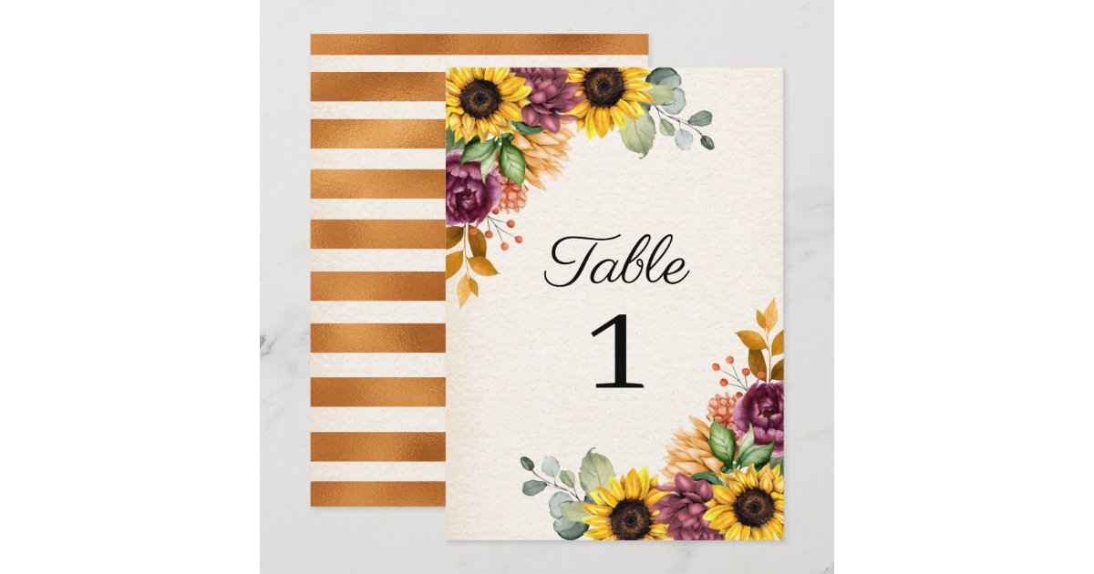 Autumn Sunflower Floral Wedding Table Number | Zazzle