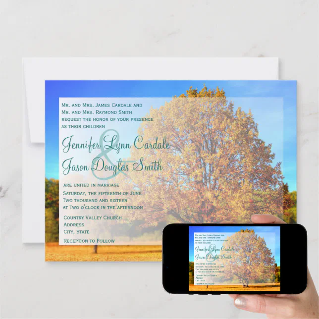 Autumn Tree Falling Leaves Fall Wedding Invitation | Zazzle
