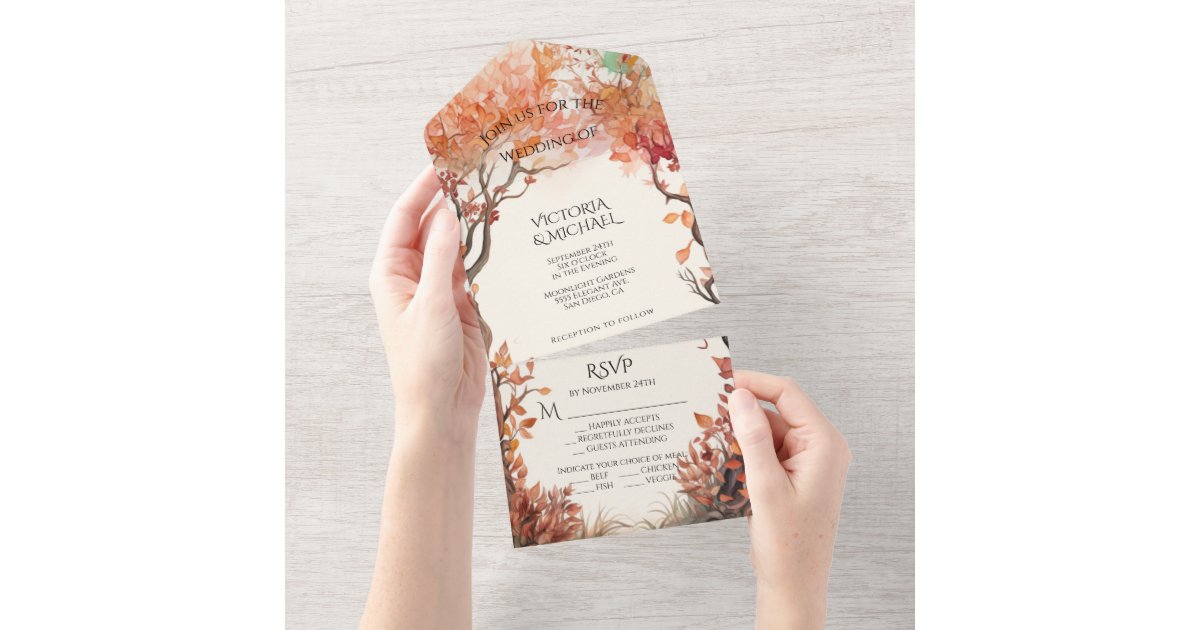 Autumn Trees Fall Wedding All In One Invitation | Zazzle