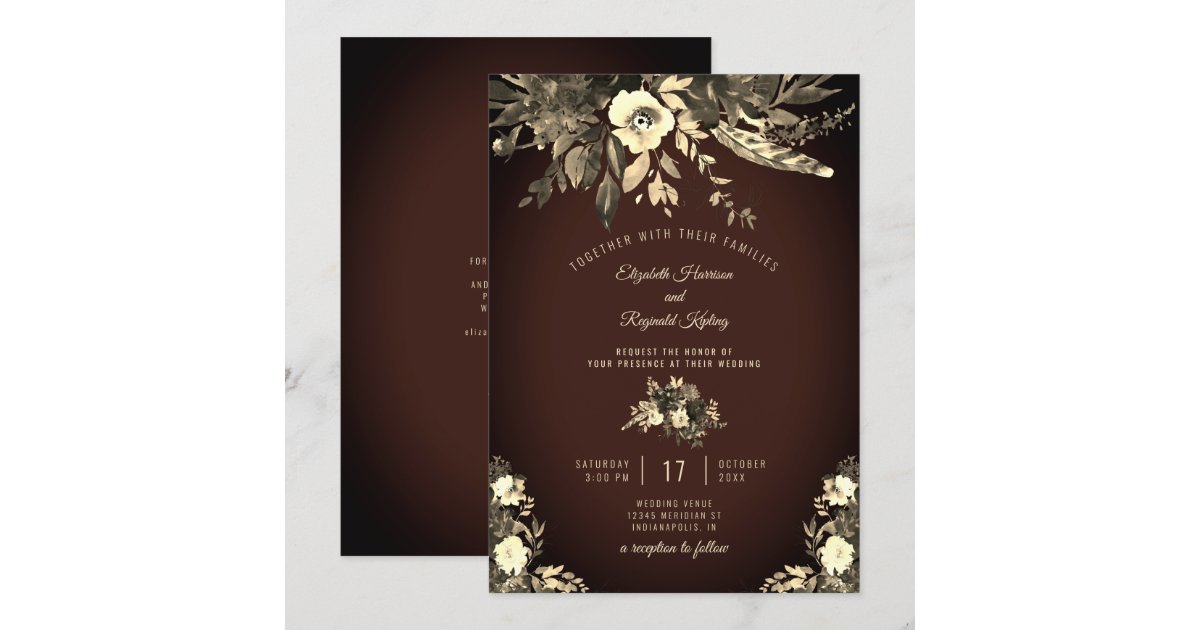 Autumn Watercolor Floral Mocha & Ivory Wedding Invitation | Zazzle