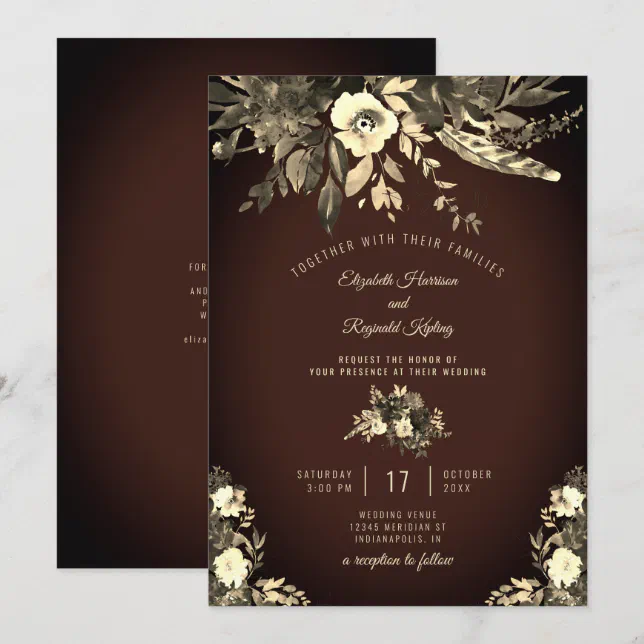 Autumn Watercolor Floral Mocha & Ivory Wedding Invitation | Zazzle