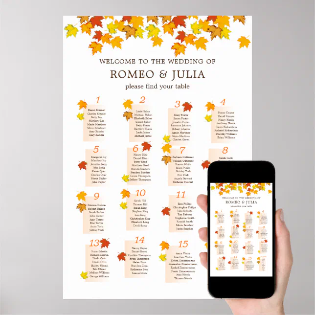 Autumn Wedding Seating Chart 15 Tables Poster | Zazzle