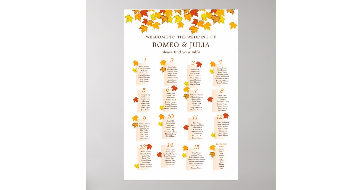 Autumn Wedding Seating Chart 15 Tables Poster | Zazzle