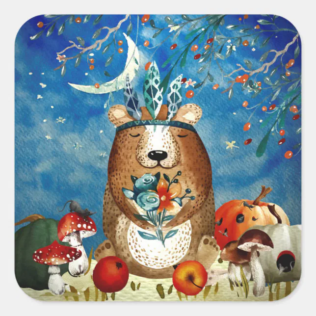 Autumn Woodland Friends Bear Forest Illustration Square Sticker | Zazzle