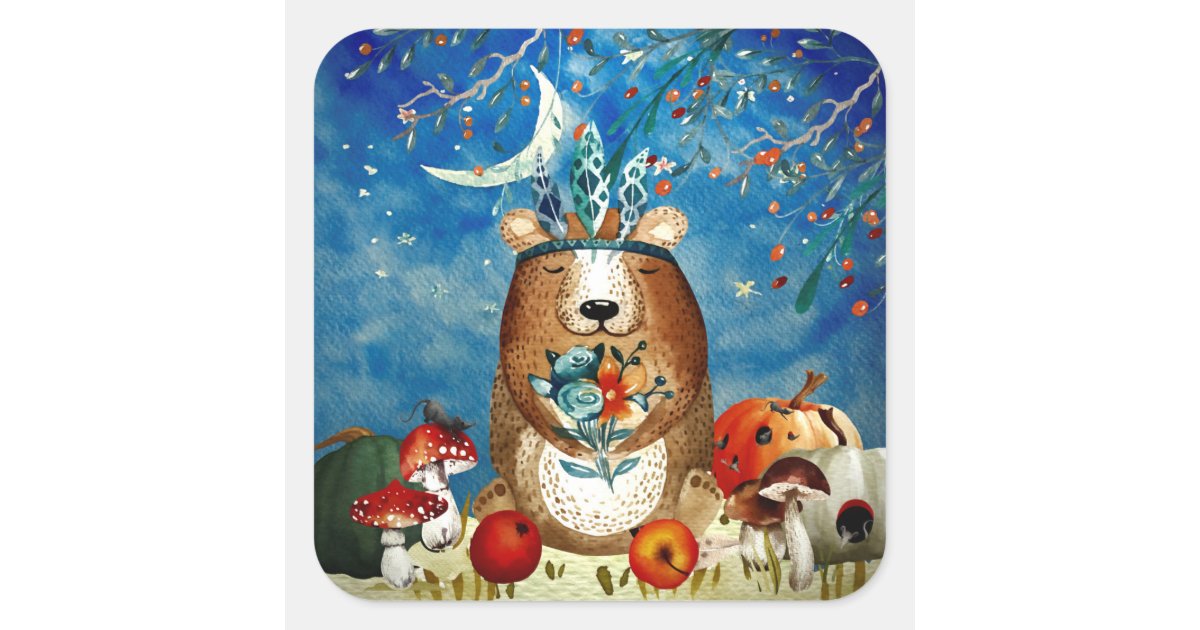 Autumn Woodland Friends Bear Forest Illustration Square Sticker | Zazzle