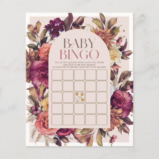 Autumn Wreath Arch Pink Baby Shower Bingo Game | Zazzle
