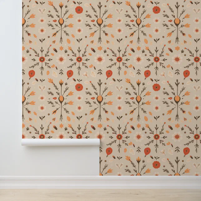 Autumn's Embrace: Rustic Floral Folk Pattern Wallpaper | Zazzle