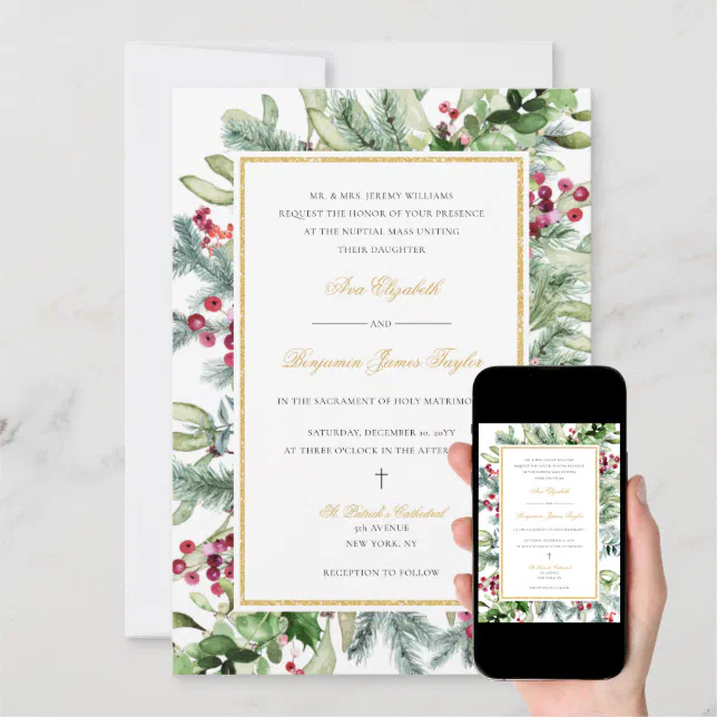 Ava Winter Catholic Wedding Invitation with RSVP | Zazzle