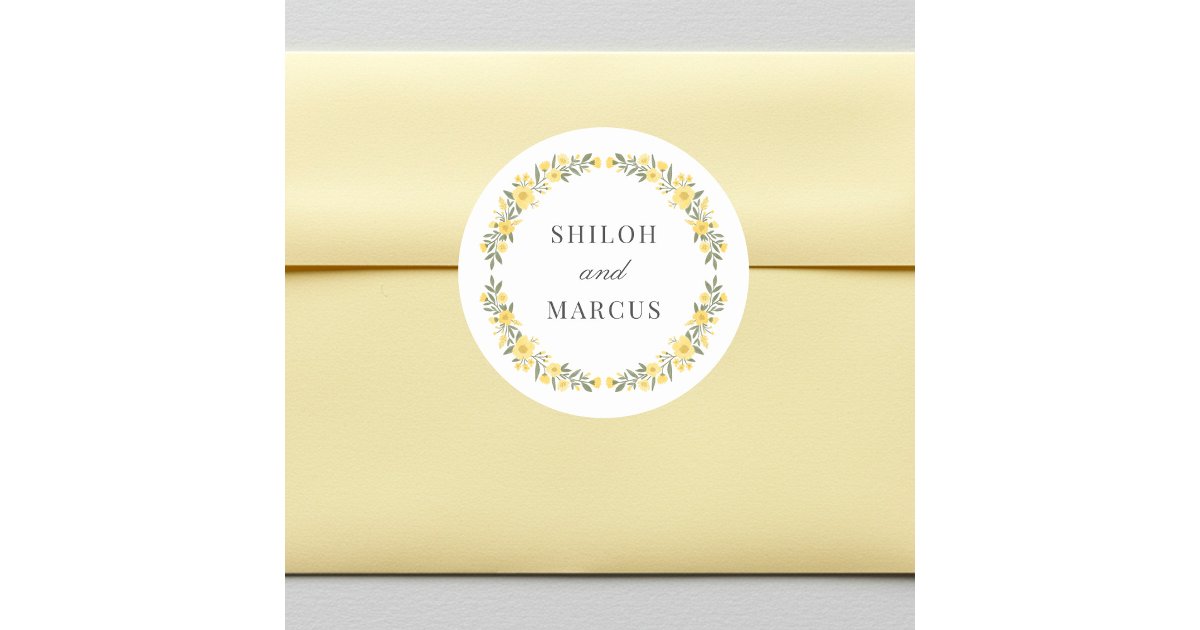 Avalon Yellow Wildflowers Circle Wedding Names Classic Round Sticker ...