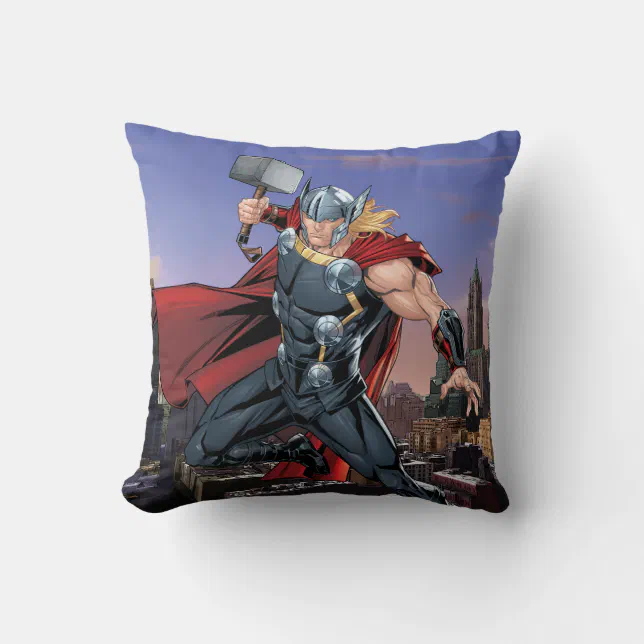 Avengers Classics | Thor Leaping With Mjolnir Throw Pillow | Zazzle