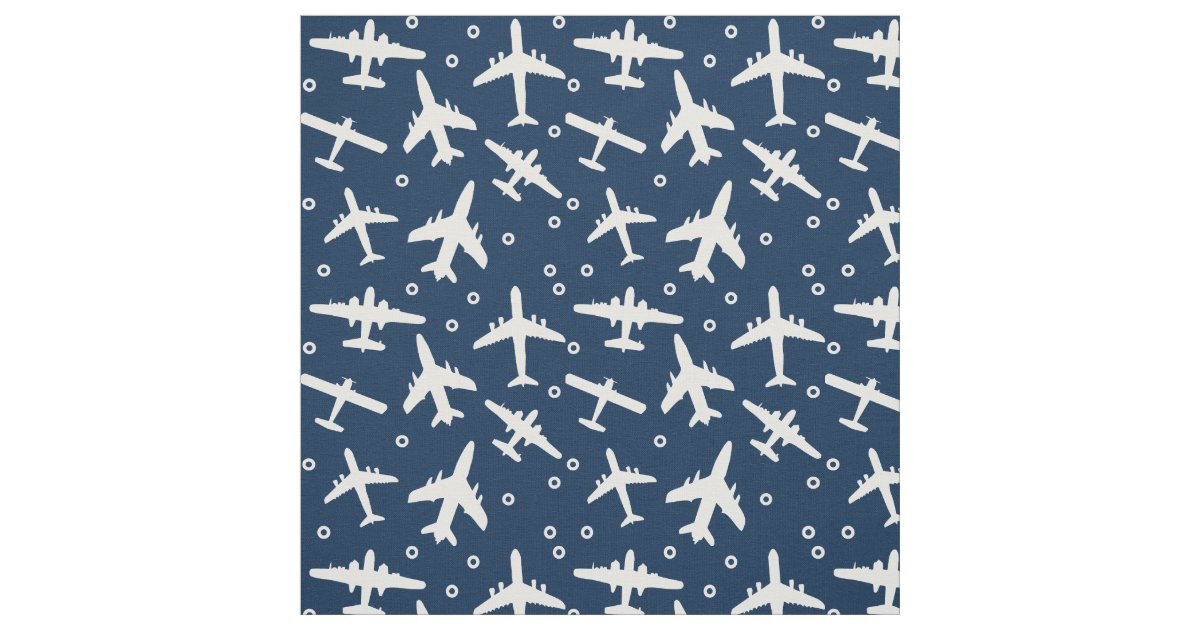 Aviation Navy Blue and White Aeroplane Pattern Fabric | Zazzle
