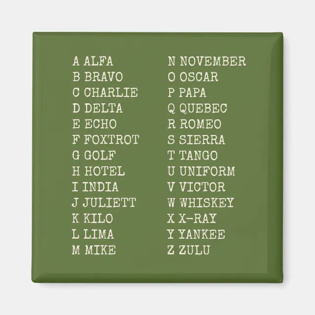 Aviation Phonetic Alphabet Magnet – Military Green | Zazzle