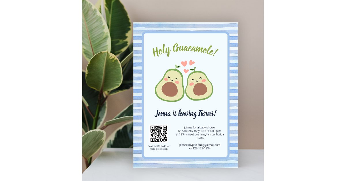 Avocado Gender Neutral QR Code Twins Baby Shower Invitation | Zazzle