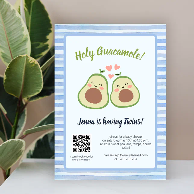 Avocado Gender Neutral QR Code Twins Baby Shower Invitation | Zazzle