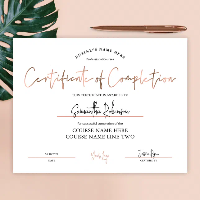 Award Certificate of Completion Bronze Rose Gold | Zazzle