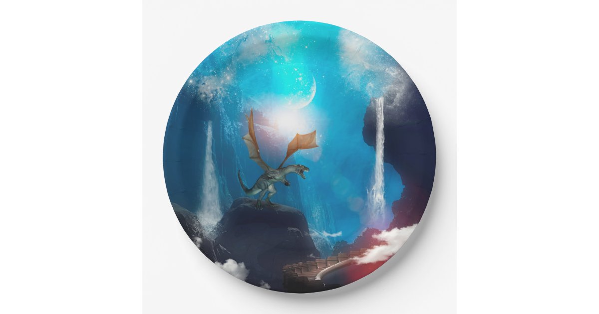 Awesome dragon with waterfalls paper plates | Zazzle