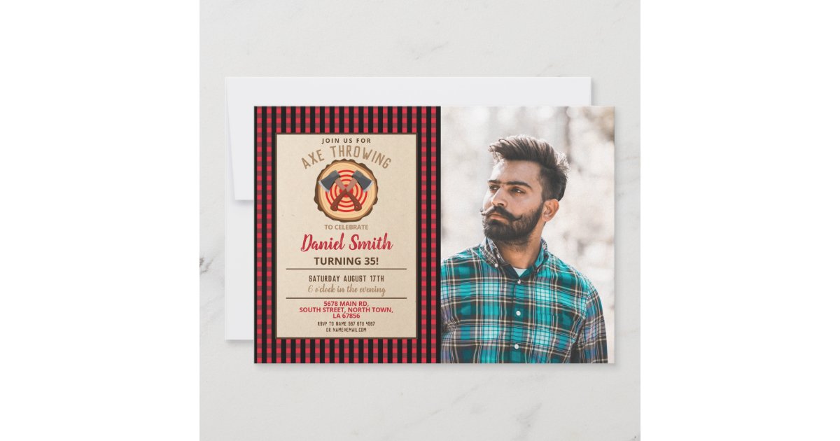 Ax Throwing Birthday Wood Lumberjack Plaid Photo Invitation | Zazzle