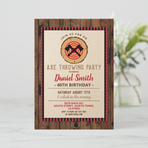 Axe Throwing Birthday Fun Wood Lumberjack Plaid Invitation | Zazzle