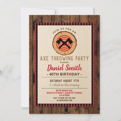 Axe Throwing Birthday Fun Wood Lumberjack Plaid Invitation | Zazzle