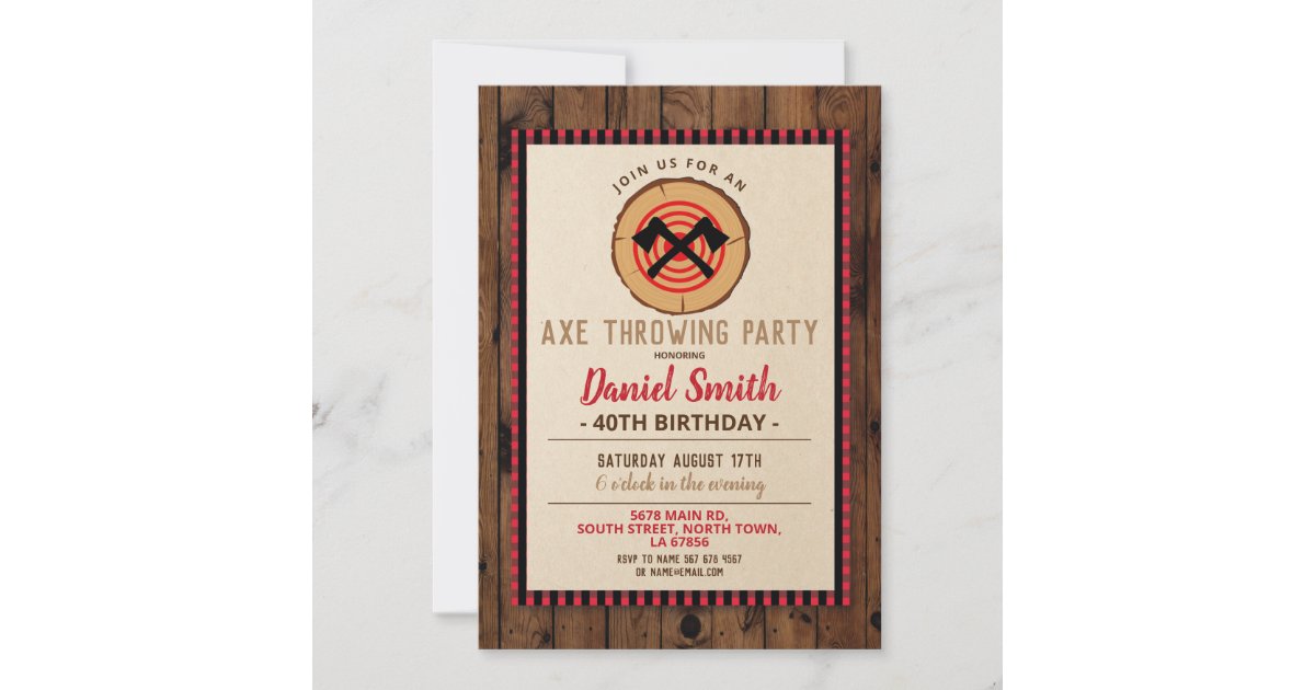 Axe Throwing Birthday Fun Wood Lumberjack Plaid Invitation | Zazzle