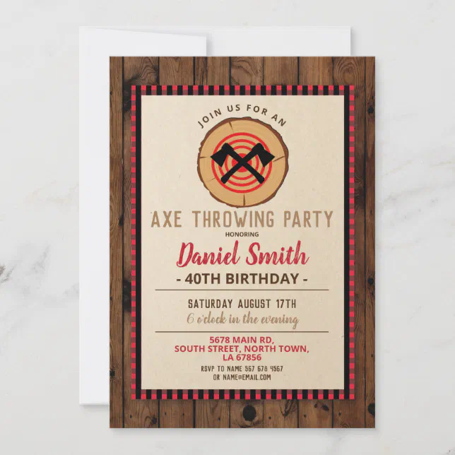 Axe Throwing Birthday Fun Wood Lumberjack Plaid Invitation | Zazzle