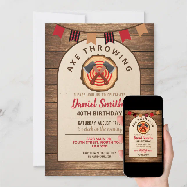 Axe Throwing Birthday Lumberjack Fun Wood Invite | Zazzle
