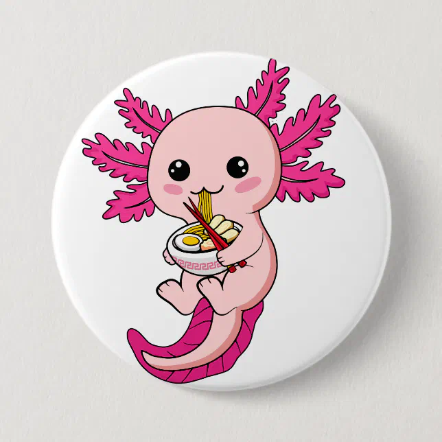 Axolotl Eating Ramen Noodles Kawaii Anime Round Bu Button | Zazzle