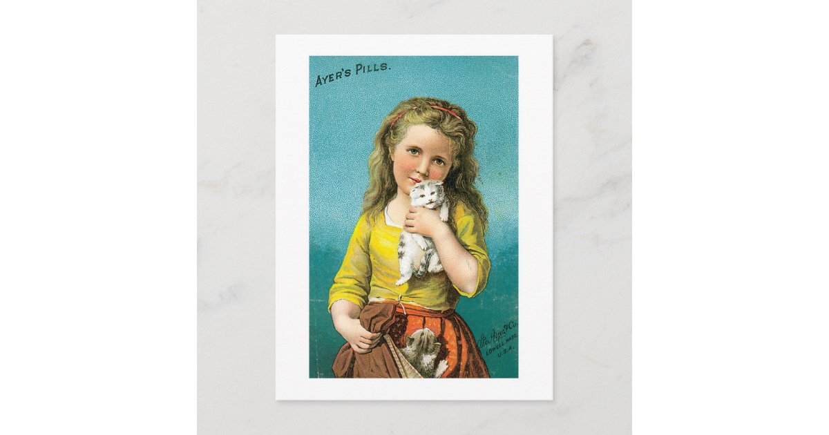 Ayers Pills Girl With Cat Postcard | Zazzle
