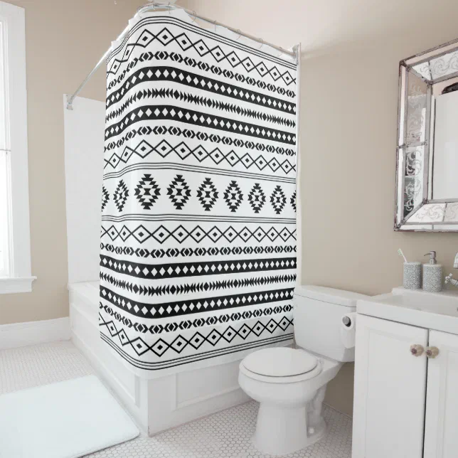 Aztec Black on White Mixed Motifs Pattern Shower Curtain | Zazzle