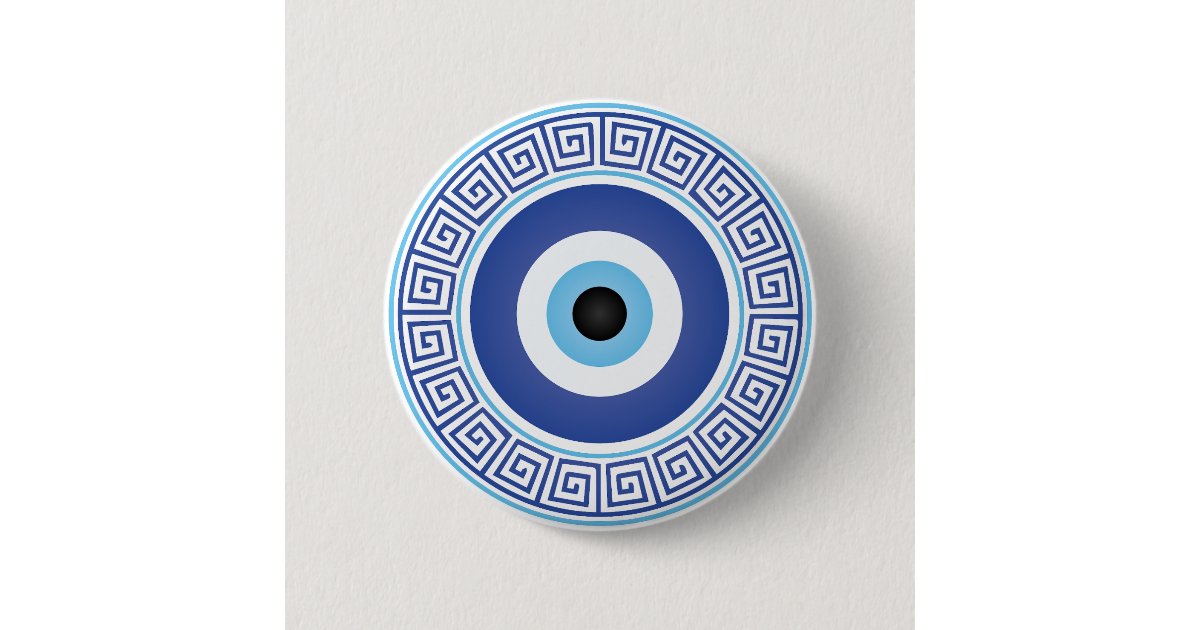 Aztec Greek Circle Key Evil Eye Blue White Button | Zazzle