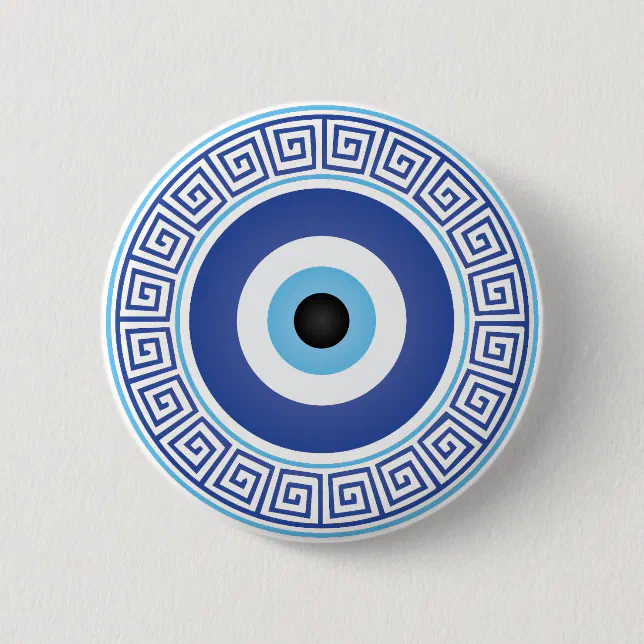 Aztec Greek Circle Key Evil Eye Blue White Button | Zazzle