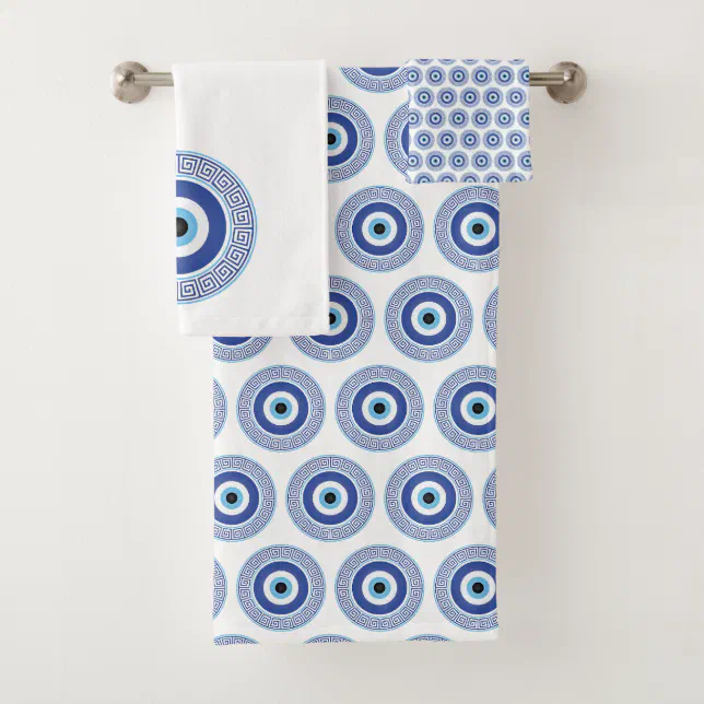 Aztec Greek Circle Key Evil Eye Pattern Blue Bath Towel Set | Zazzle