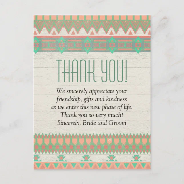 Aztec Native Peach/Aqua Thank You Postcard | Zazzle