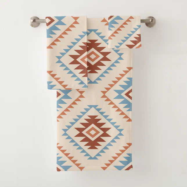 Aztec Style Motif Big Pattern Blue Crm Terracottas Bath Towel Set | Zazzle
