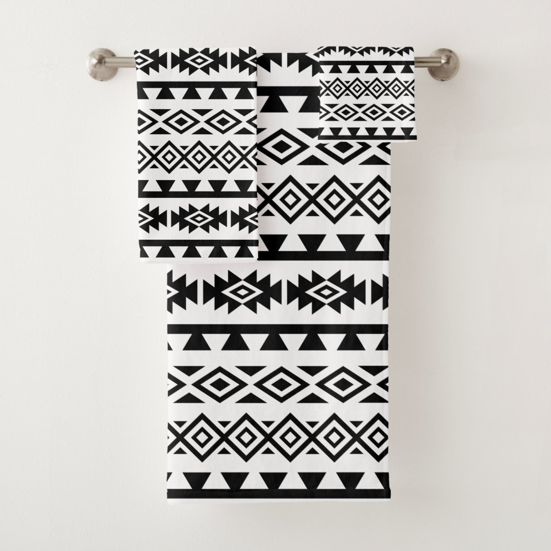 Aztec Stylized Pattern II Black on White Bath Towel Set | Zazzle