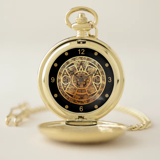 Aztec Sun Calendar ~ Gold & Black ~ Mexico ~ Pocket Watch | Zazzle