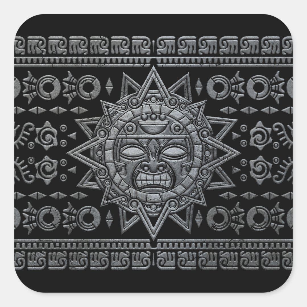 Aztec Sun God - Stone on Black Square Sticker | Zazzle