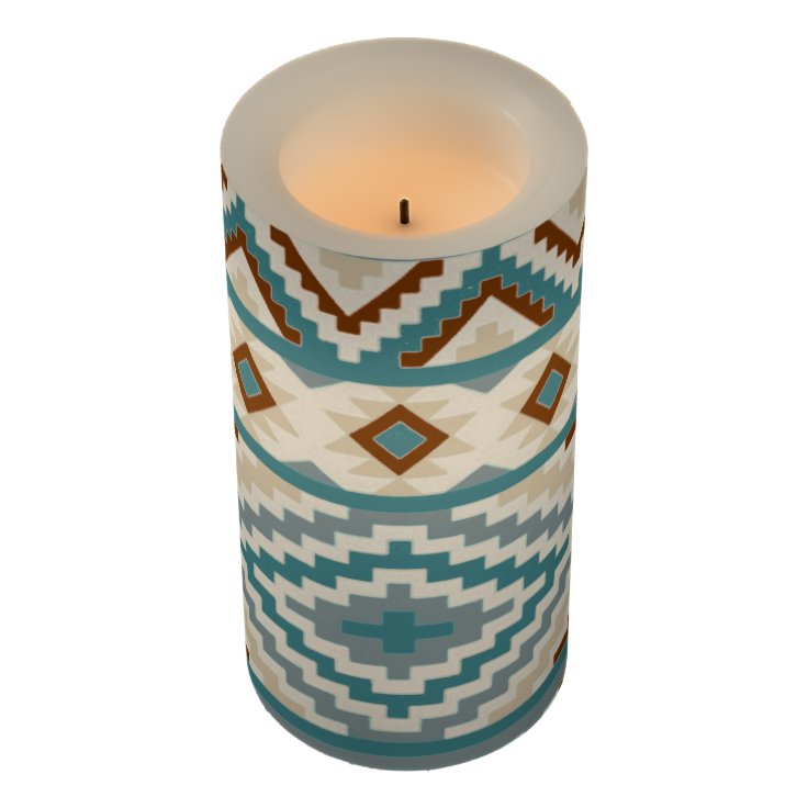 Aztec Tribal Print Neutral Browns Beige Teal Flameless Candle | Zazzle