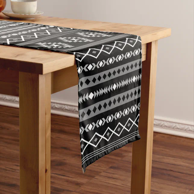 Aztec White Grey Black Mixed Motifs Rpt Pattern Short Table Runner | Zazzle