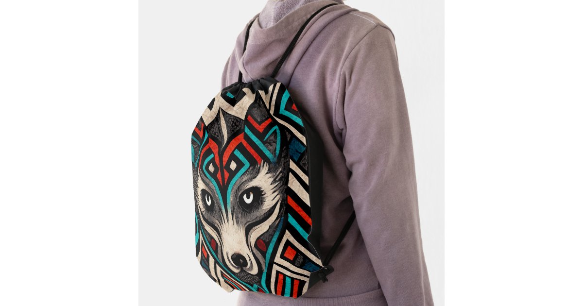 Aztec Wolf Face Drawstring Bag | Zazzle