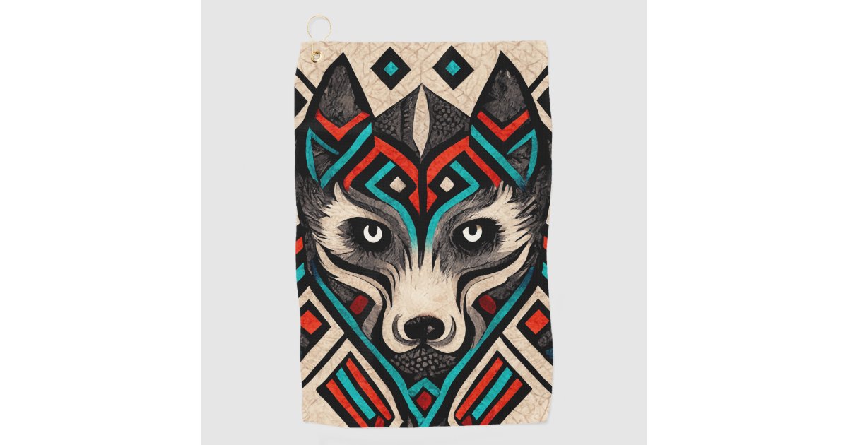 Aztec Wolf Face Golf Towel | Zazzle