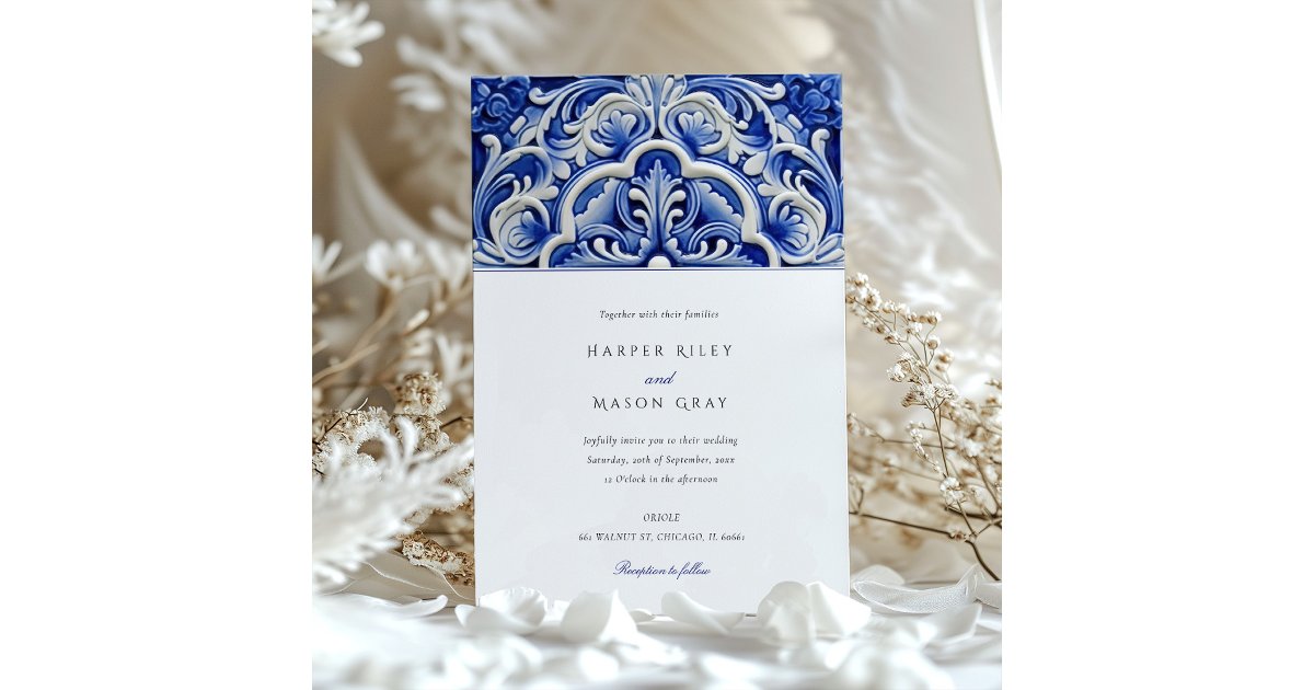 Azulejo Elegant Floral Ceramic Tile Wedding Invitation | Zazzle