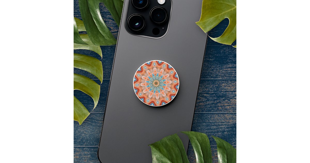 Azure Blue Aqua Turquoise Orange Mandala Pattern PopSocket | Zazzle
