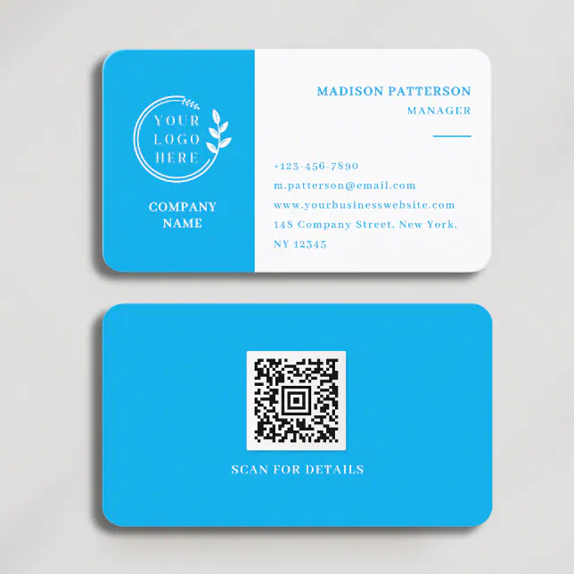 Azure Blue White Logo QR Code Minimalist Modern Business Card | Zazzle
