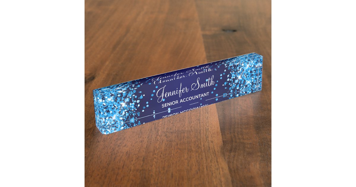 Azure Glitter Navy Blue Gradient Desk Name Plate | Zazzle