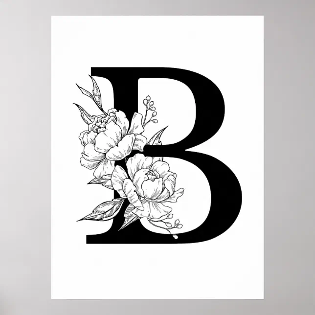 B botanical monogram. Letter initial with peonies Poster | Zazzle