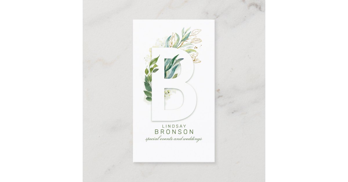 B Letter Monogram Gold Greenery Leaves Elegant Business Card | Zazzle